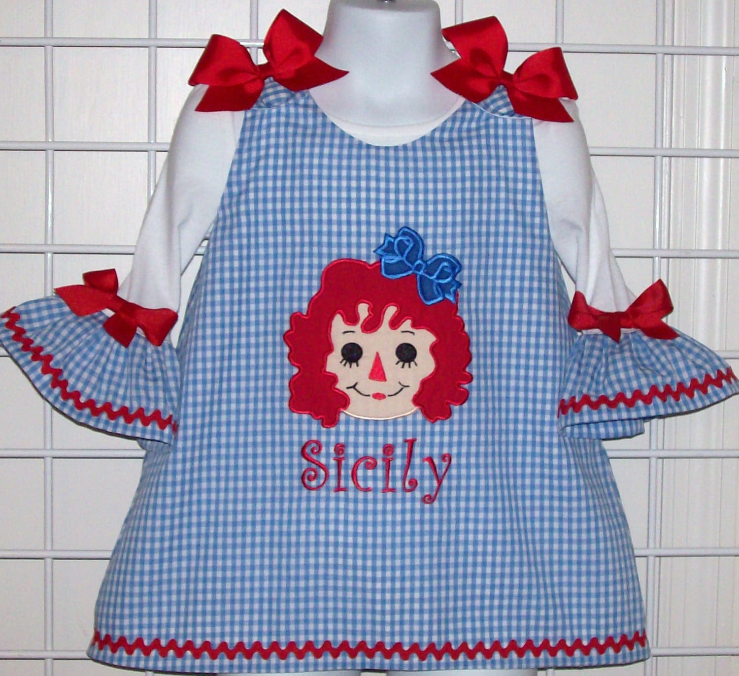 Rag Doll Dress Applique With Monogram Blue Gingham A-line - Etsy