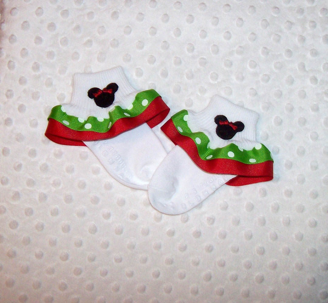 Minnie Mouse Applique Red and Green Dot Double Ruffle Ribbon Socks ...
