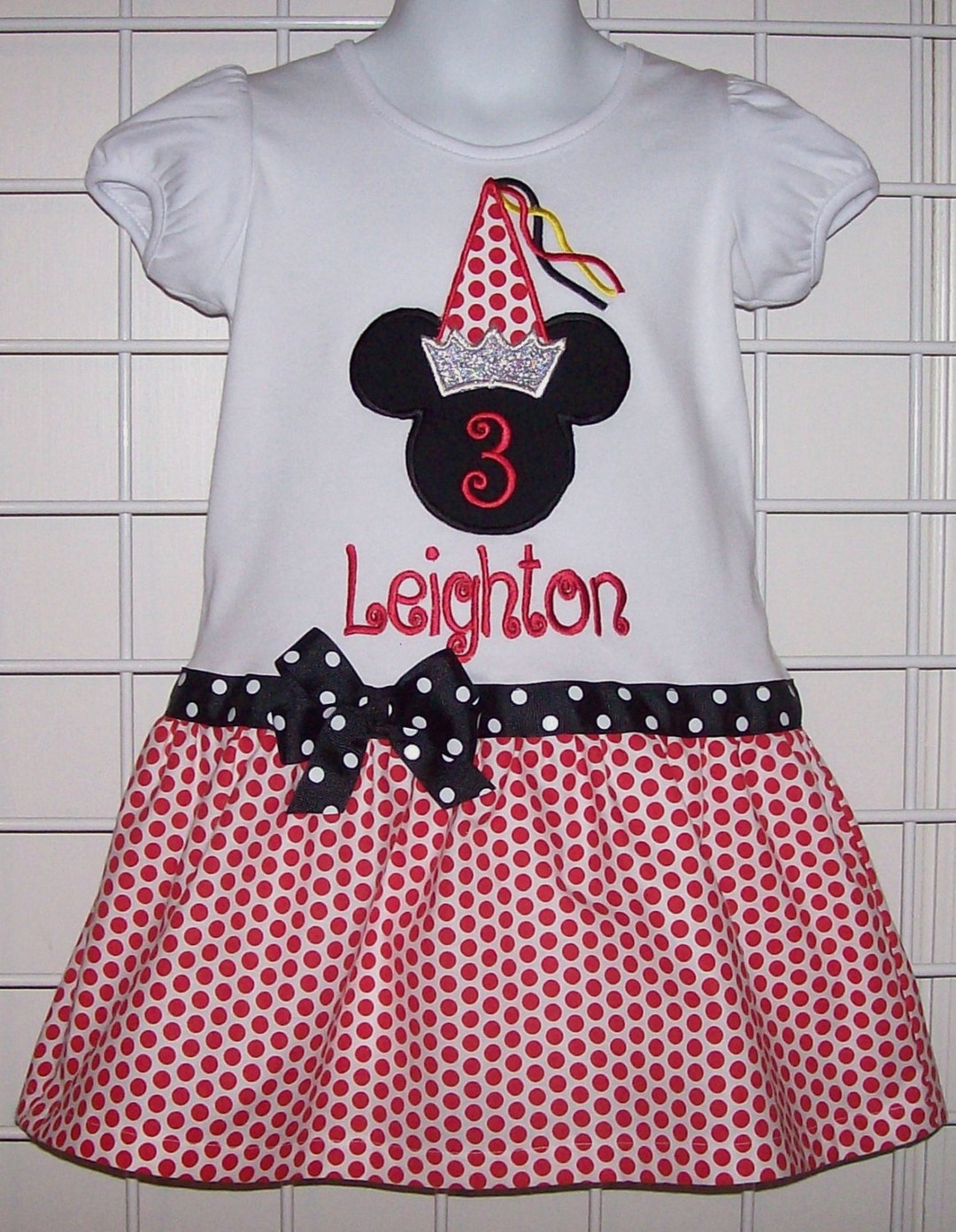 Princess Minnie Mouse Monogram Applique Red Dot T-shirt Dress Sparkly ...
