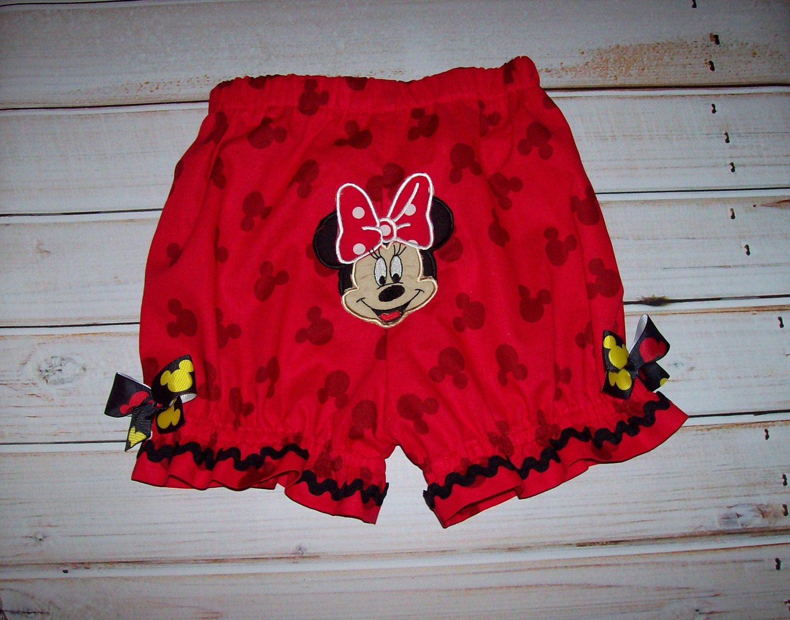 Minnie Mouse Face Applique Red With Mickey Shapes Bloomers With Black ...