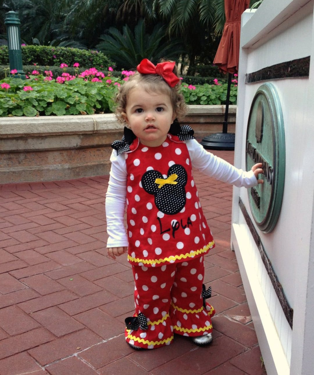 Red Polka Dot Minnie Mouse Applique and Monogram Yellow Ric Rac A-line ...