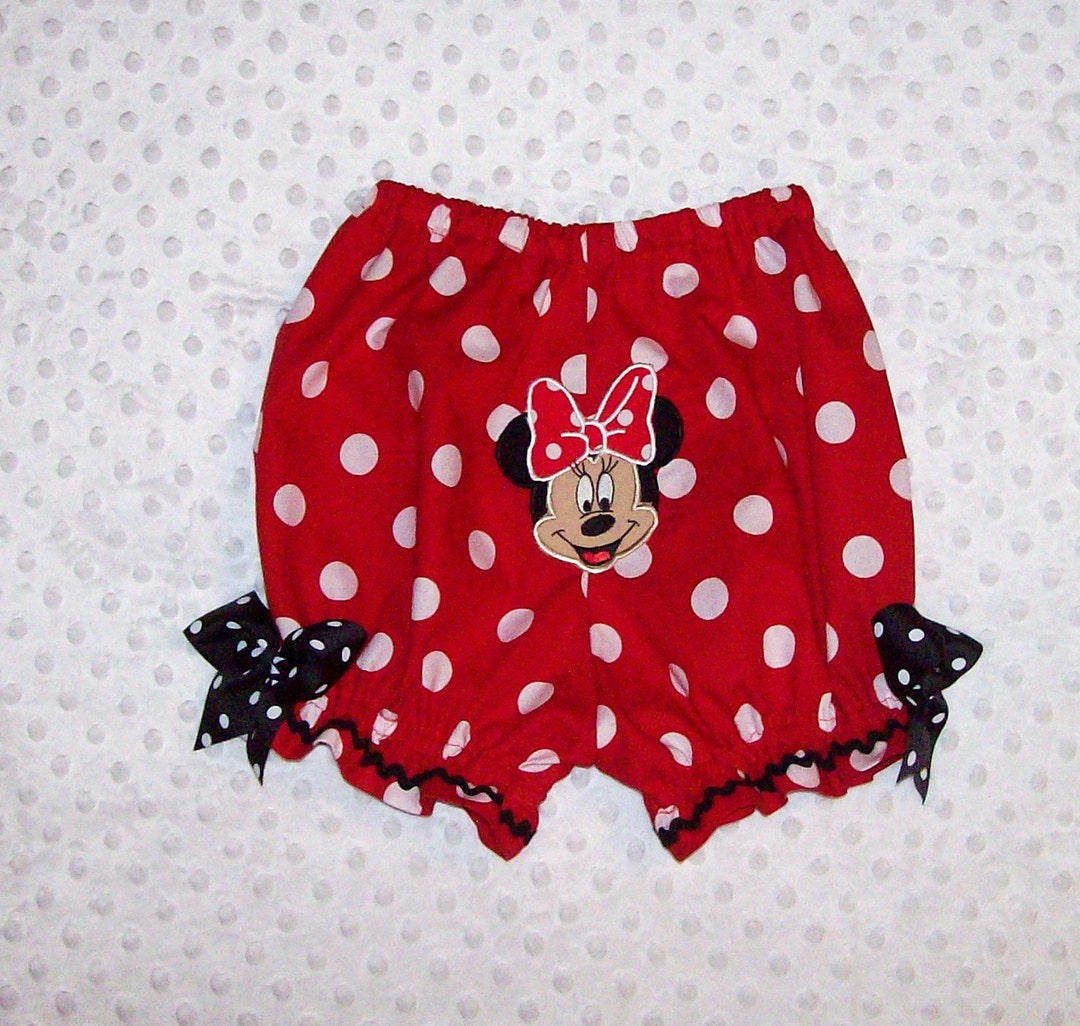 Minnie Mouse Face Applique Red Polka Dot Bloomers With Black Ric Rac ...