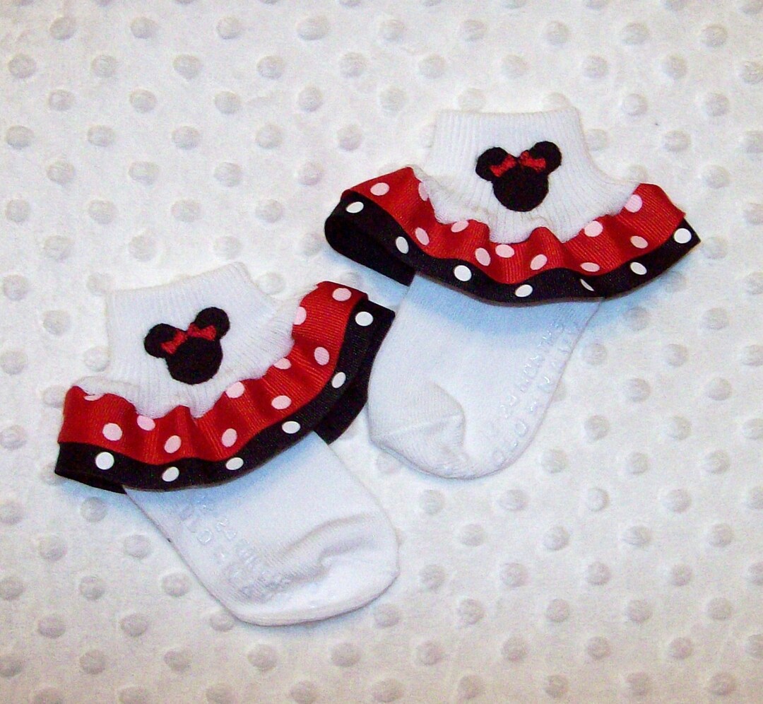 Minnie Mouse Applique Red Dot and Black Dot Double Ruffle Ribbon Socks ...