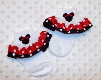 Minnie Mouse Applique Red Polka Dot Ruffle Ribbon Socks | Etsy