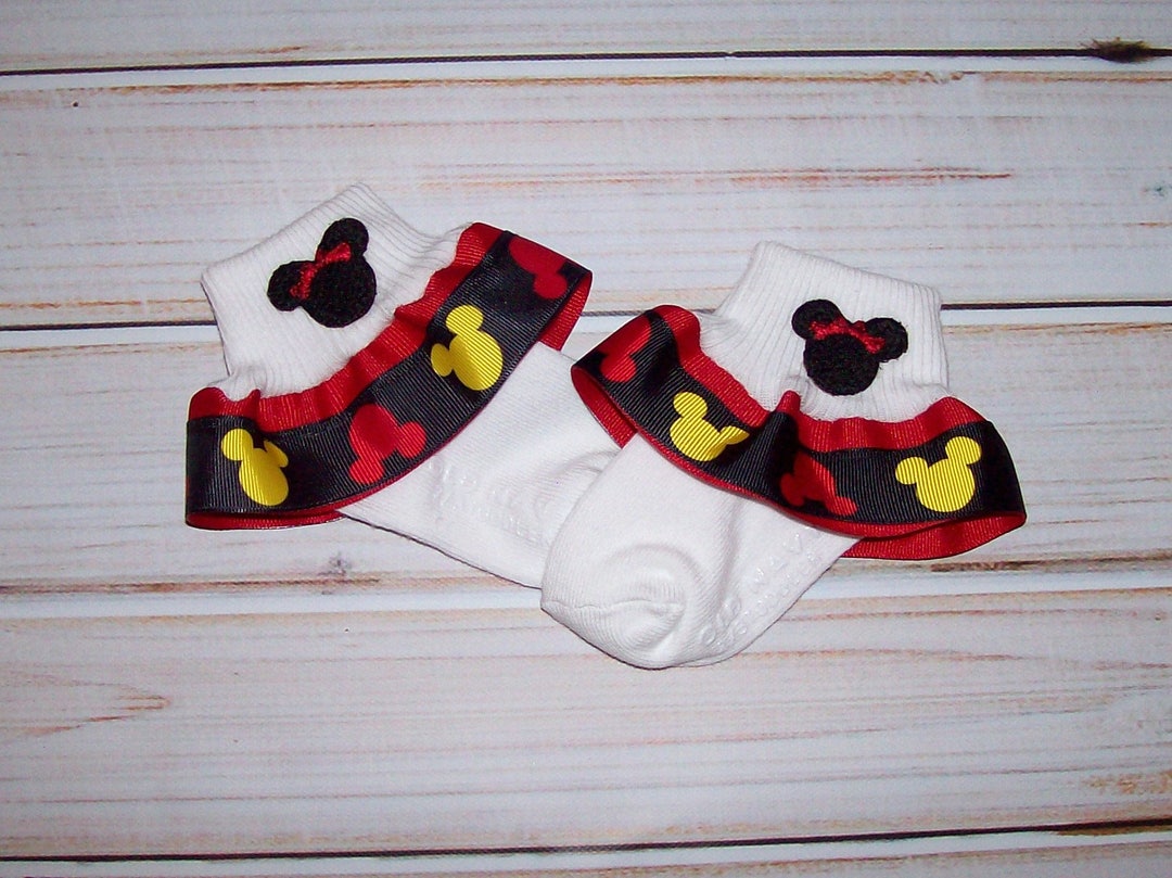 Minnie Mouse Applique Red Yellow and Black Double Ruffle Ribbon Socks ...