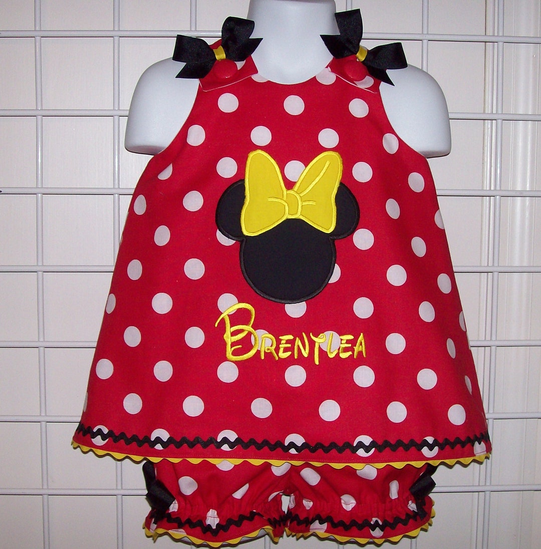 Red Polka Dot Minnie Mouse With Yellow BOW Applique and Monogram A-line ...