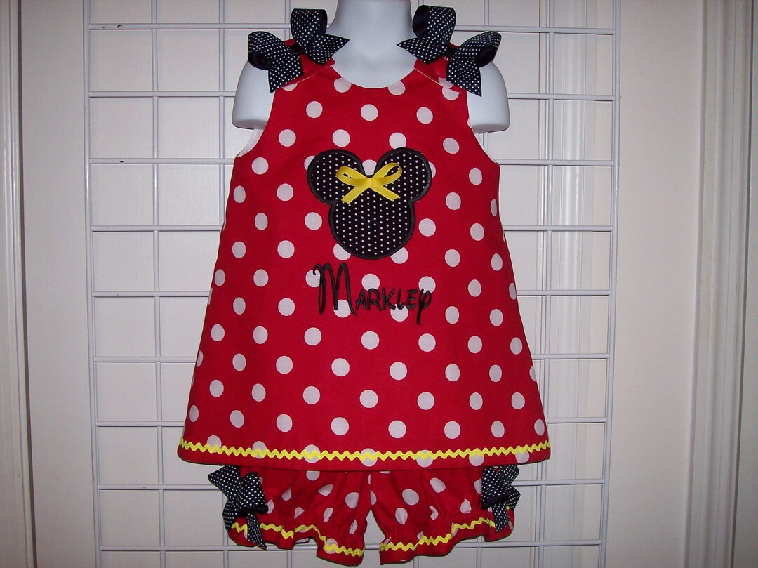 Red Polka Dot Minnie Mouse Applique and Monogram Yellow Ric Rac A-line ...