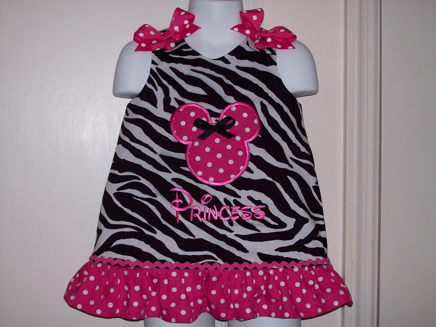 Zebra Minnie Mouse Applique Monogram Dress With Hot Pink Dot Ruffle 3 ...