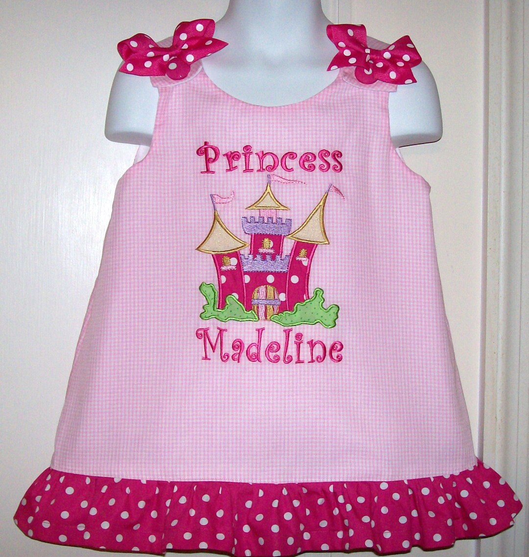 Princess CASTLE Applique Monogram Pink Gingham A-line Dress With Hot ...