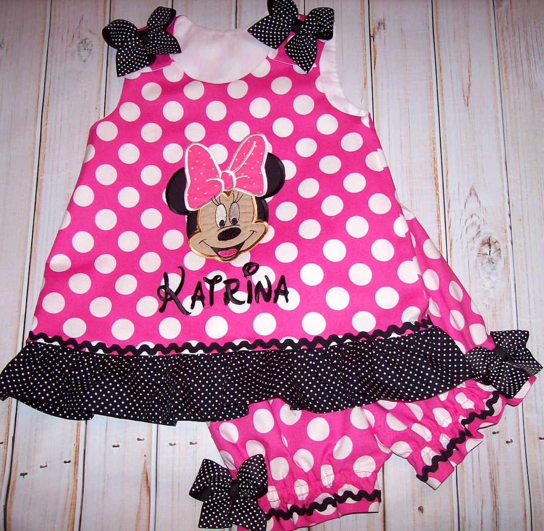 Pink Minnie Mouse Applique Dress With Polka Dot Ruffle With Optional ...