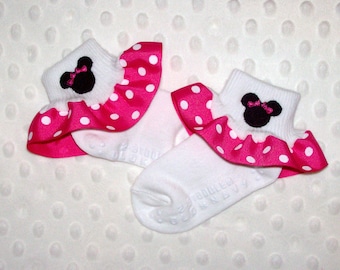 Minnie Mouse Applique Red Polka Dot Ruffle Ribbon Socks | Etsy