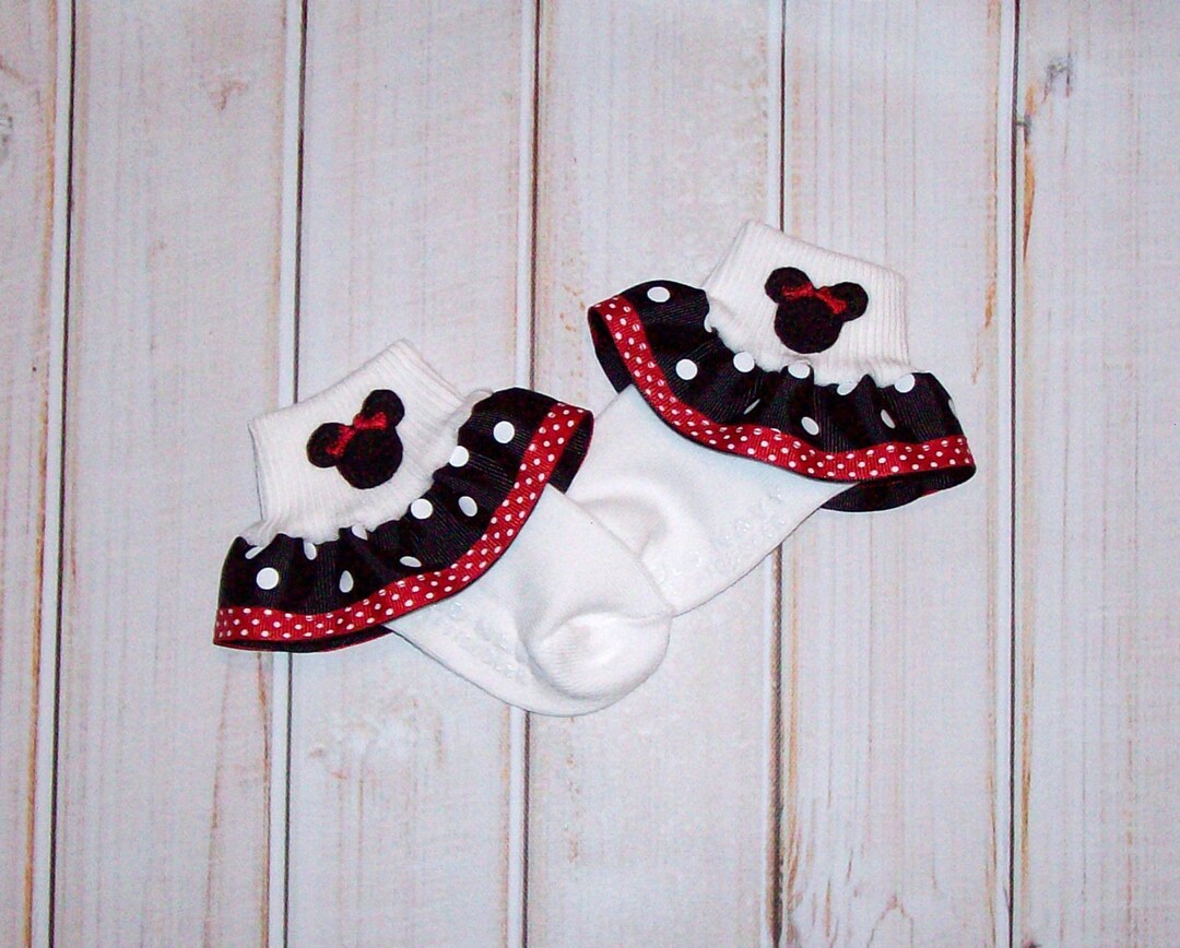 Minnie Mouse Applique Black Dot and Red Swiss Dot Double Ruffle Ribbon ...