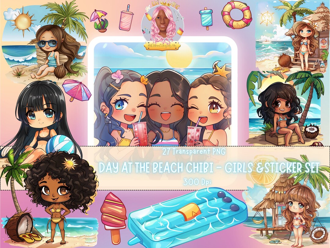 Summer Chibi-girl Style Bundle With Stickers Clipart, Beach, Vacation ...