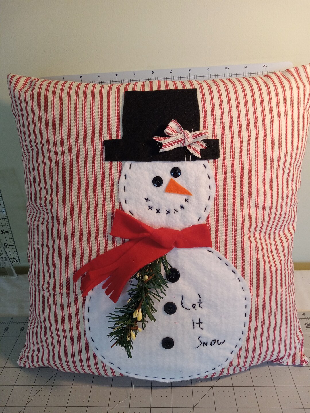 Christmas Pillow Red Tick With Snowman, Handmade, Decorative, Farmhouse ...