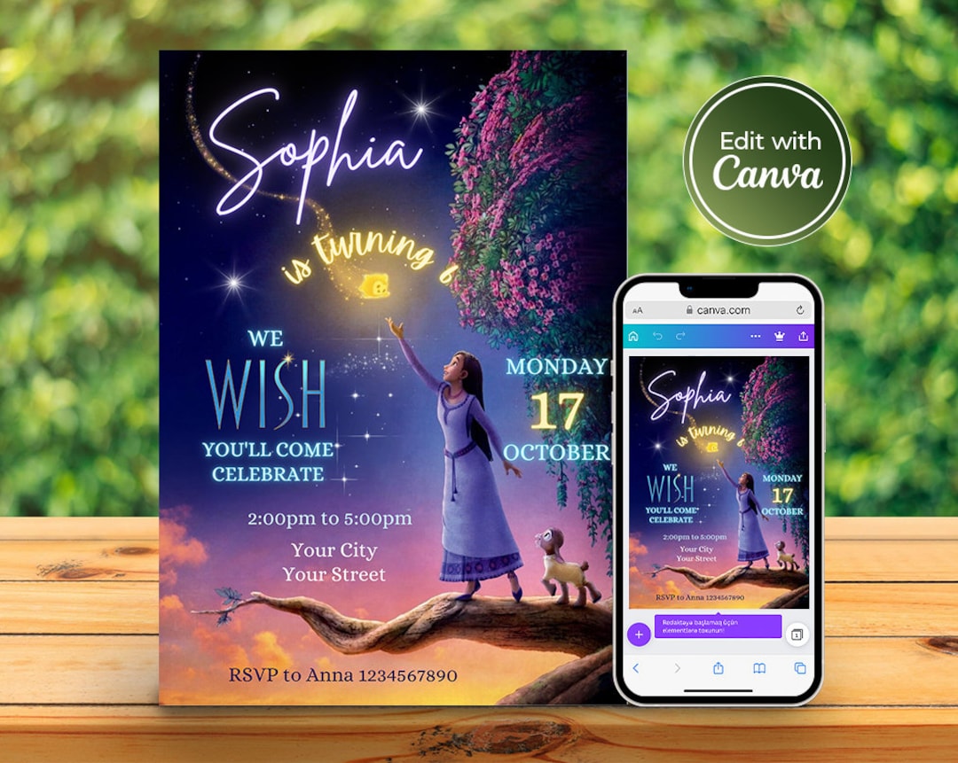 Editable Wish Birthday Party Invitation Wish Movie Party Princess Asha ...