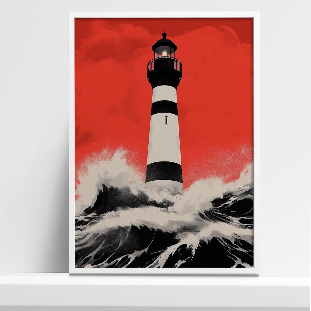 Dramatic Lighthouse Art Print – Bold Red and Black Seascape ...