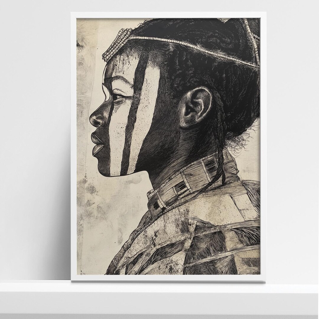 African Tribal Portrait Etching - Detailed Black and White Art ...