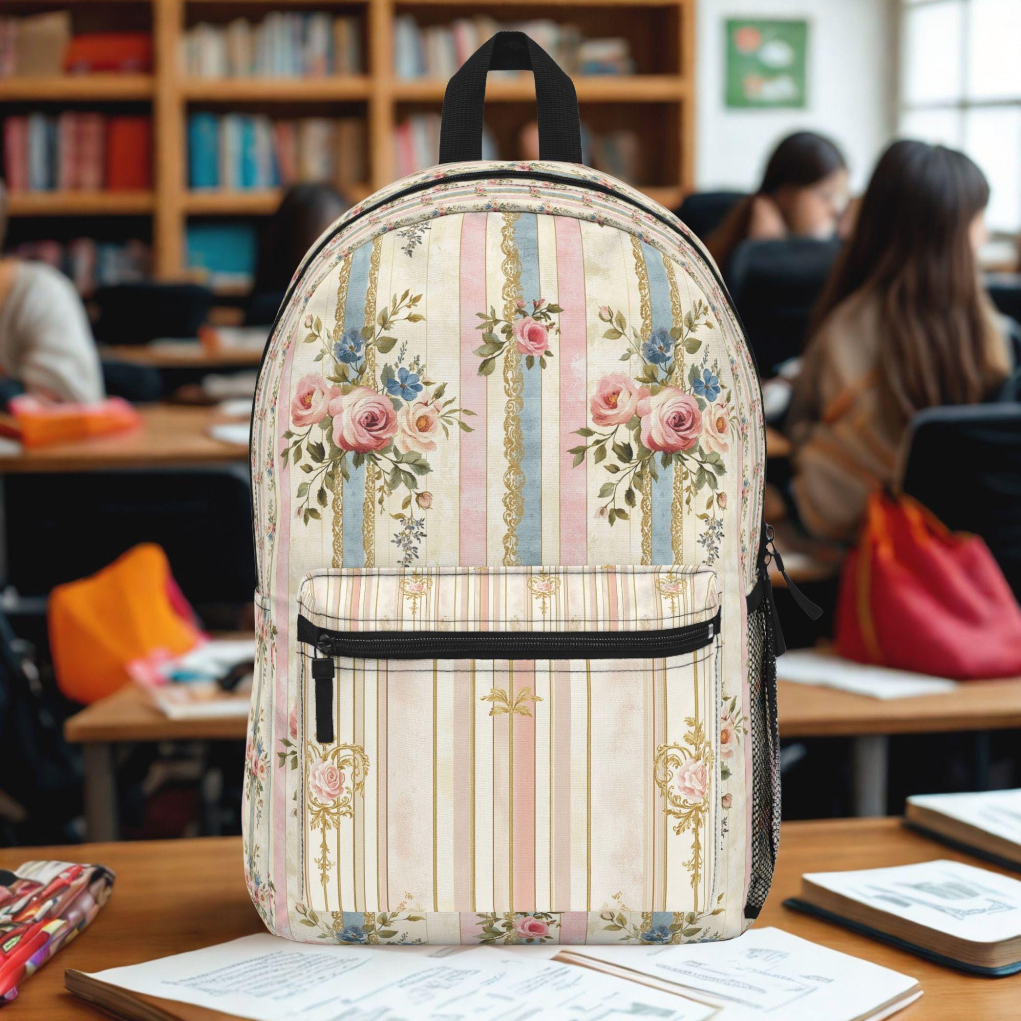 Floral Backpack Cottagecore Aesthetic, Vintage Stripe School Bag, Pink ...
