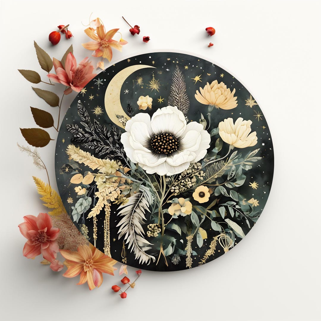 Boho Botanical Moon & Stars Wood Wall Art | Vintage Floral Crescent ...