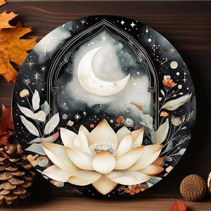 Boho Celestial Moon & Lotus Wood Wall Art | Mystical Arch Window Night ...