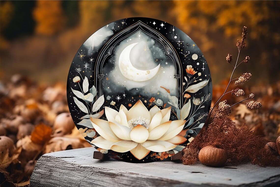 Boho Celestial Moon & Lotus Wood Wall Art | Mystical Arch Window Night ...