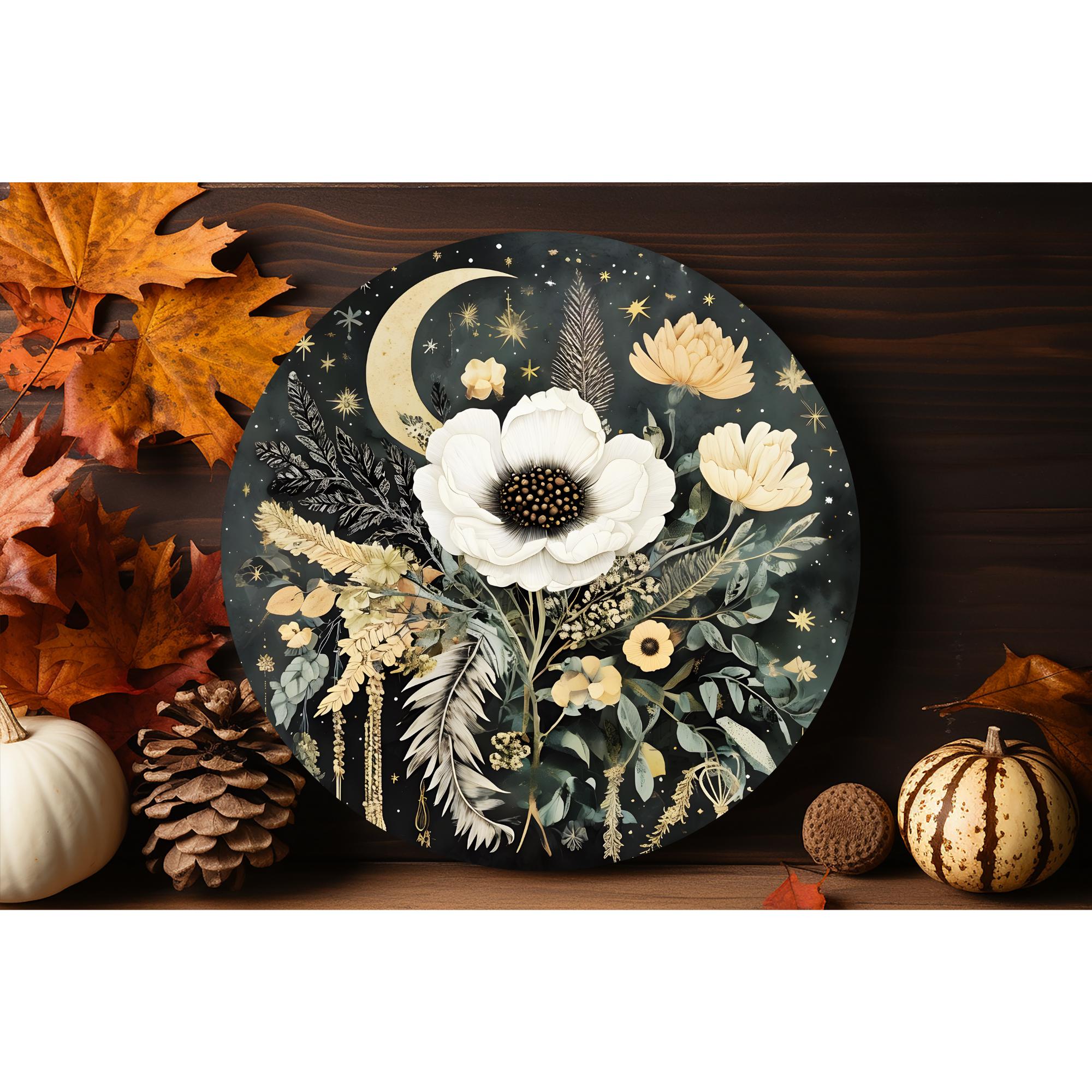 Boho Botanical Moon & Stars Wood Wall Art | Vintage Floral Crescent ...