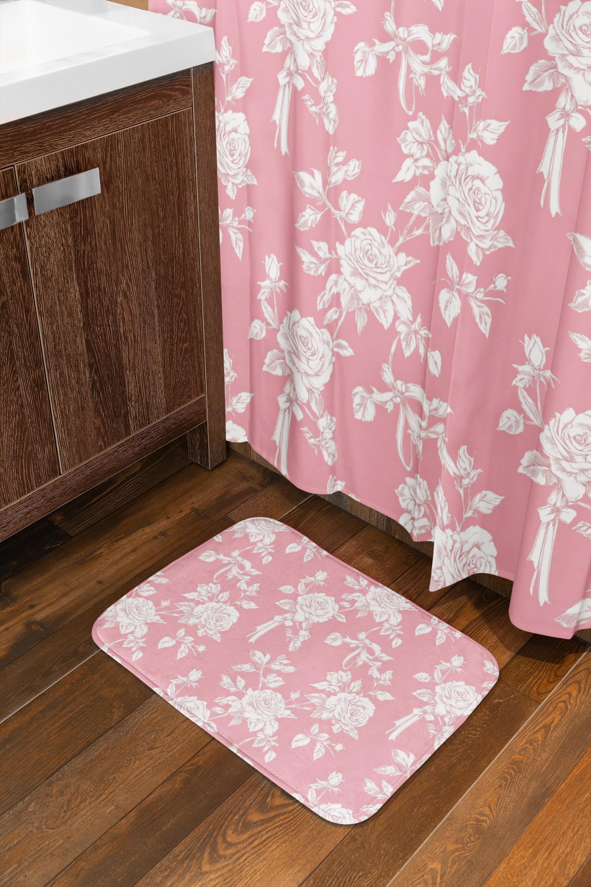 Pink Toile Rose Bath Mat: French Country Bathroom Rug - Etsy