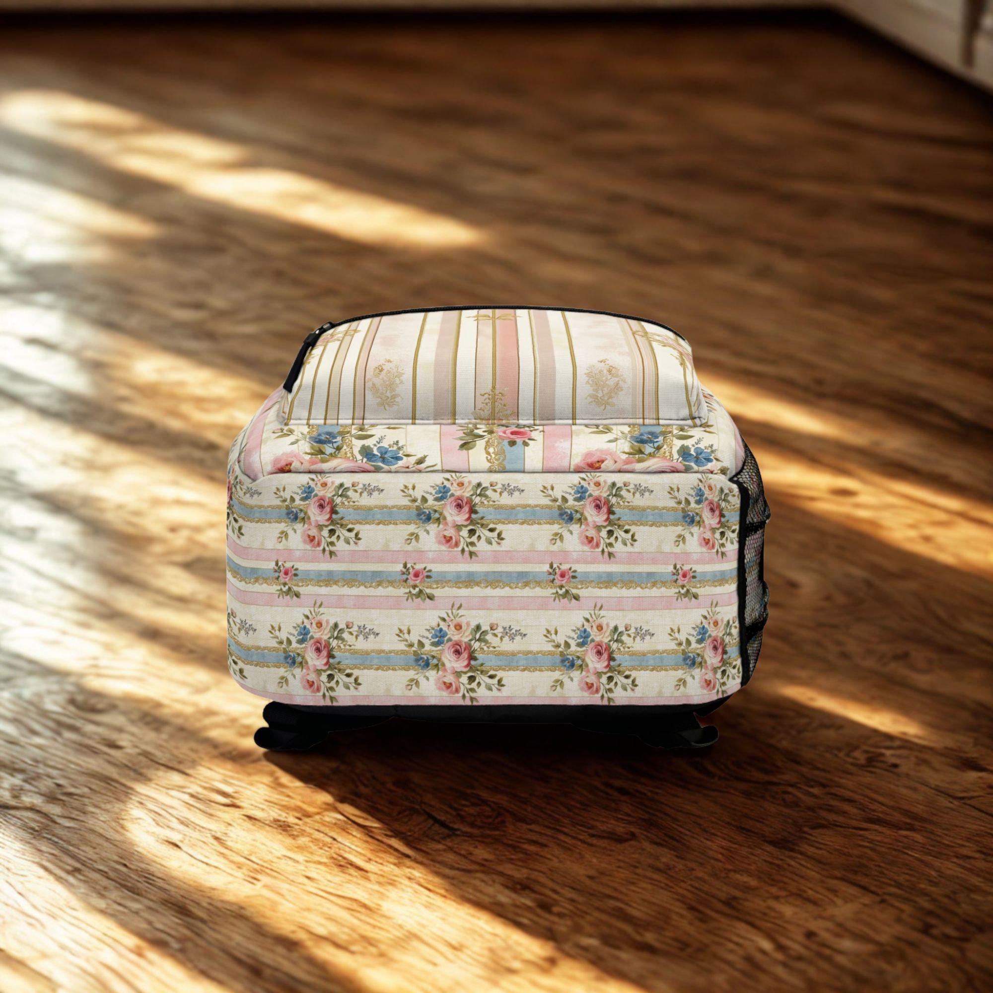 Floral Backpack Cottagecore Aesthetic, Vintage Stripe School Bag, Pink ...