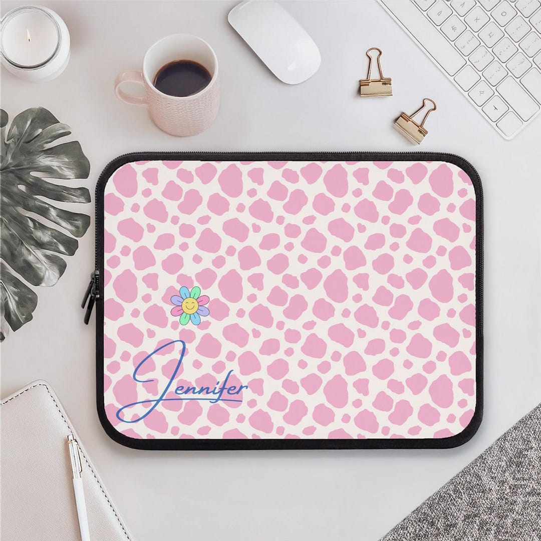 Personalized Pink Cow Print Laptop Sleeve: Smiley Flower Custom Tech ...