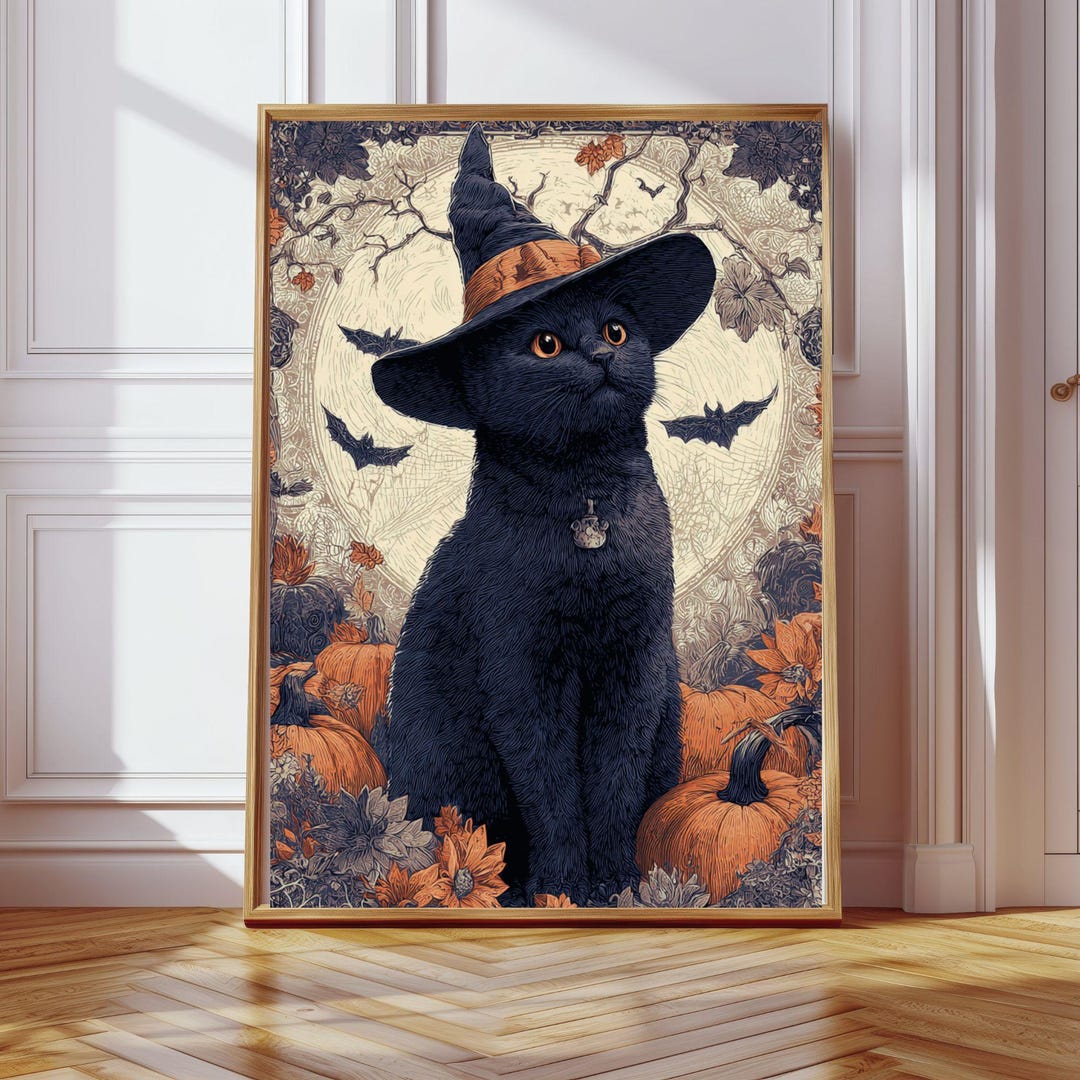 Halloween Cat Print Download, Vintage Black Cat Wall Art, Spooky ...