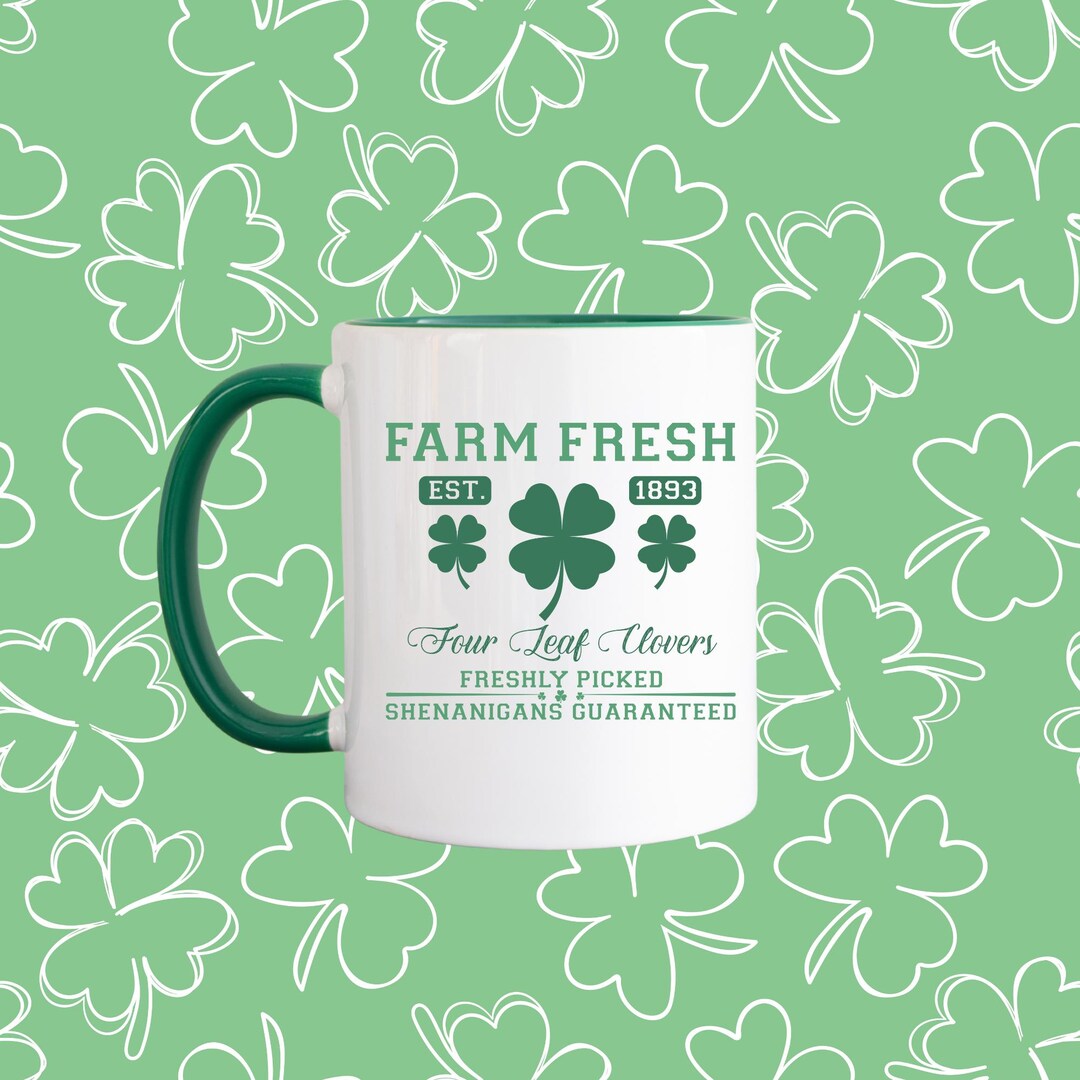 St Patricks Day Mug Irish Coffee Cup Shamrock Four Leaf Clover Farm ...