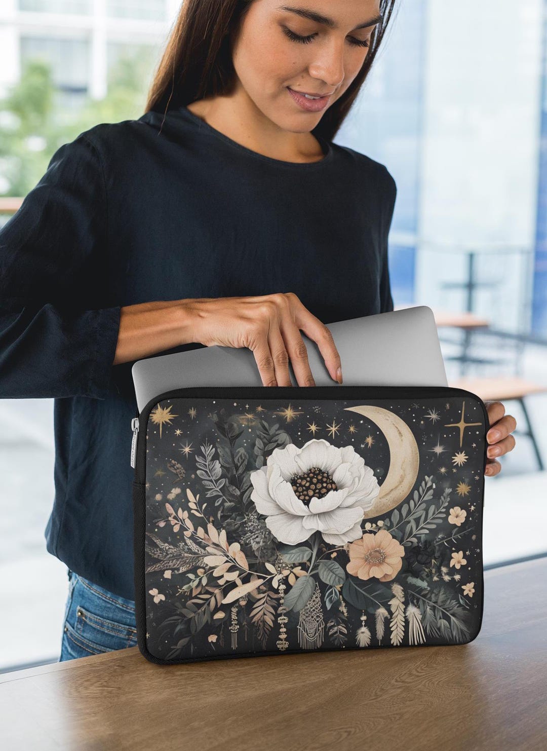 Celestial Laptop Sleeve, Moon and Stars Laptop Case, Dark Floral Laptop ...
