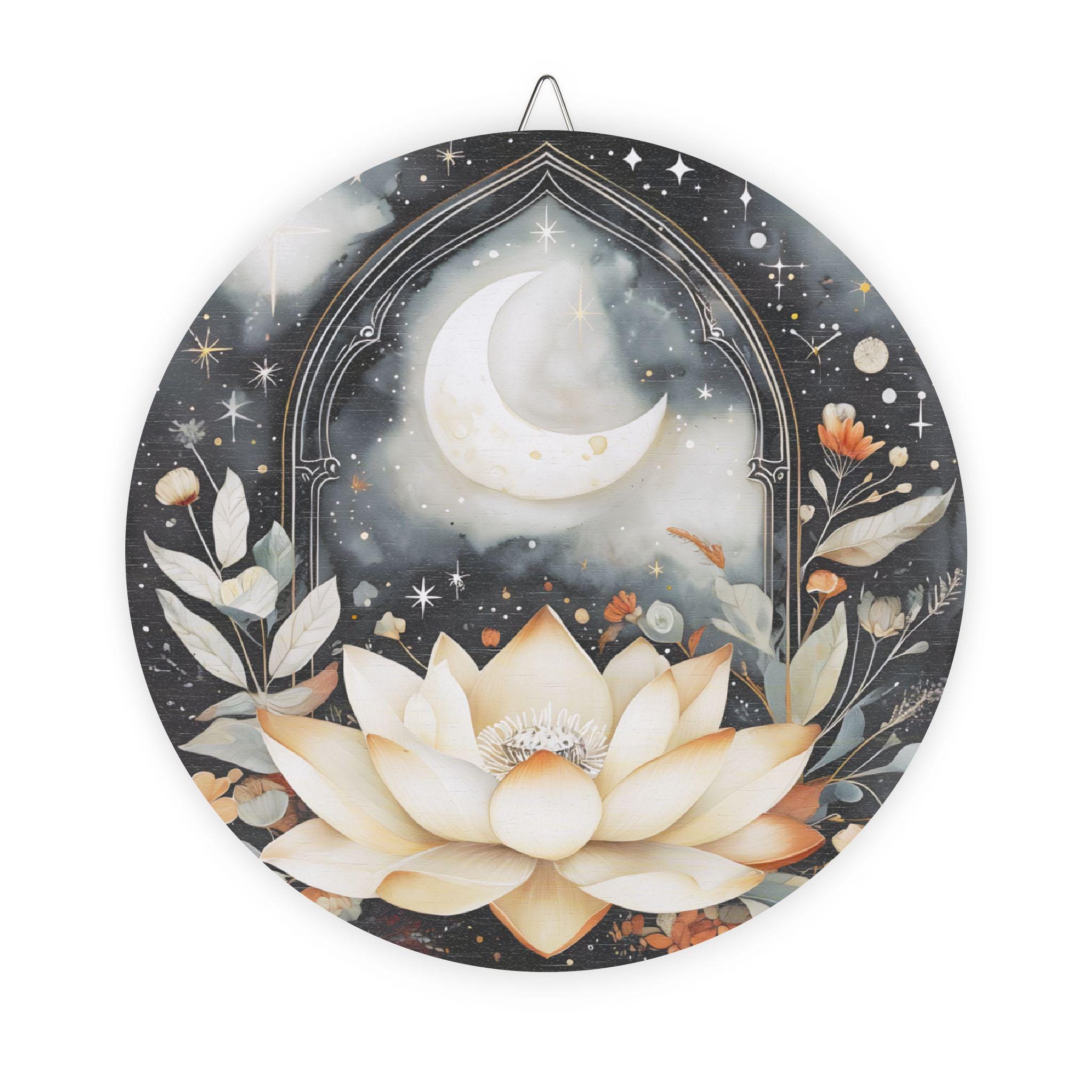 Boho Celestial Moon & Lotus Wood Wall Art | Mystical Arch Window Night ...