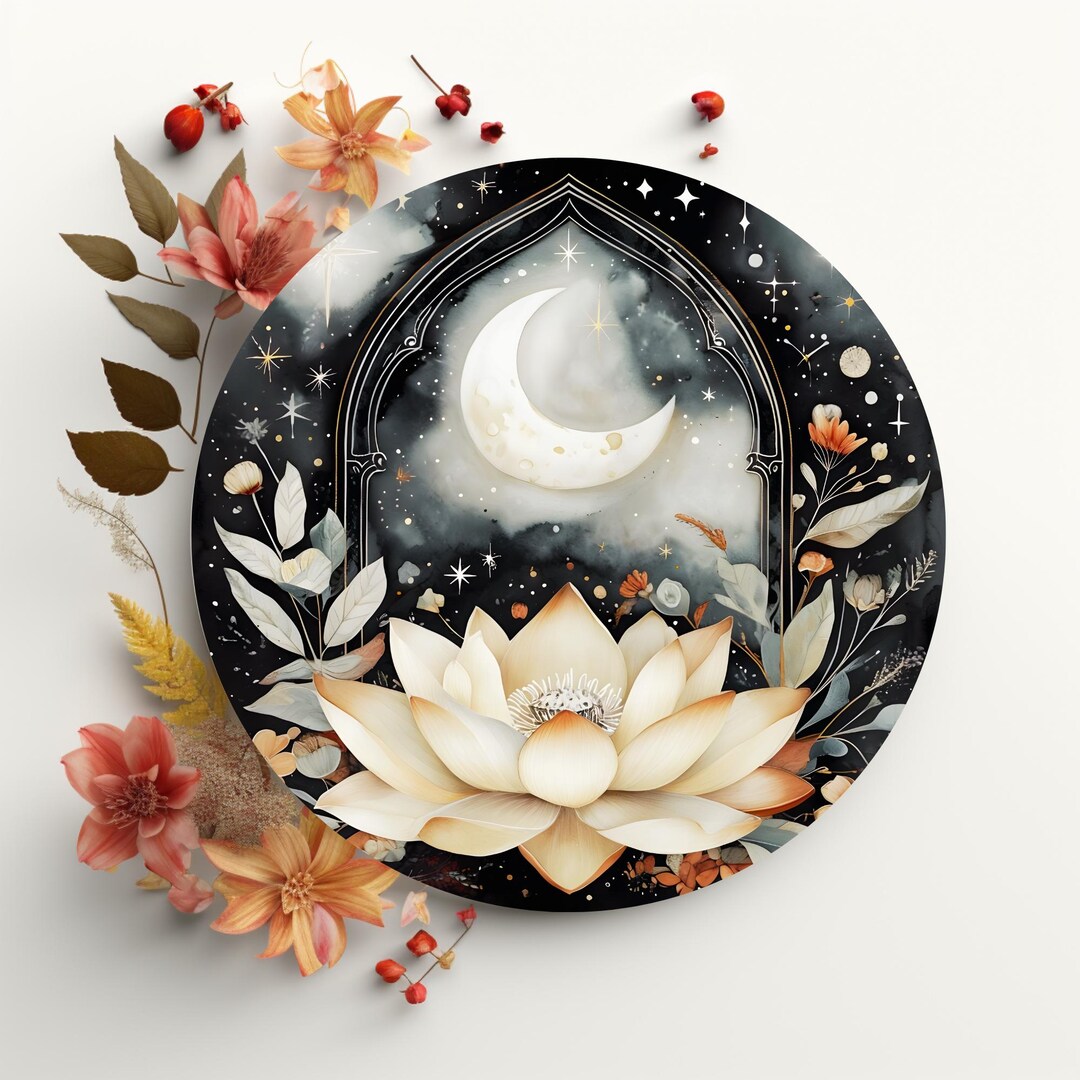 Boho Celestial Moon & Lotus Wood Wall Art | Mystical Arch Window Night ...