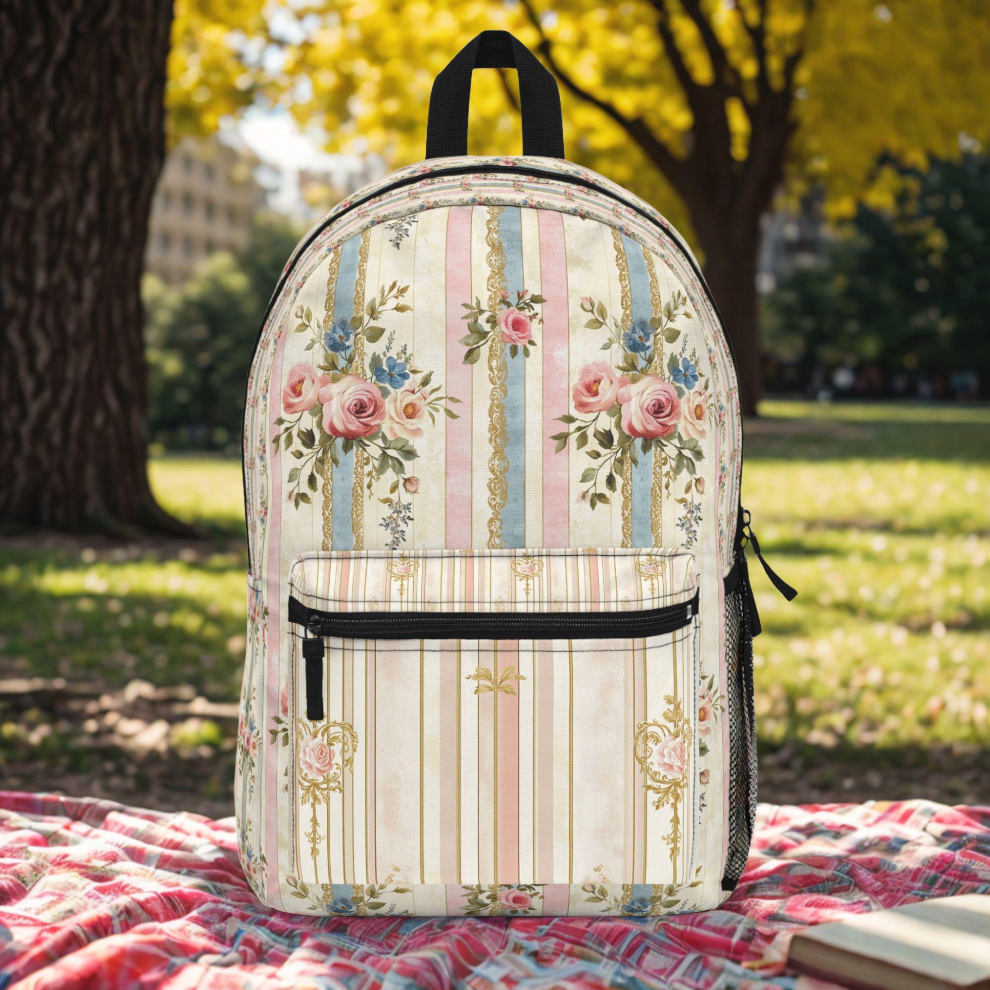Floral Backpack Cottagecore Aesthetic, Vintage Stripe School Bag, Pink ...