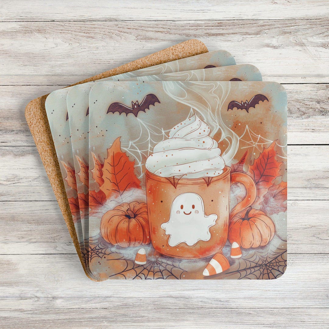 Halloween Coaster Set: Spooky Ghost, Pumpkin & Bat Cork Coasters - Etsy