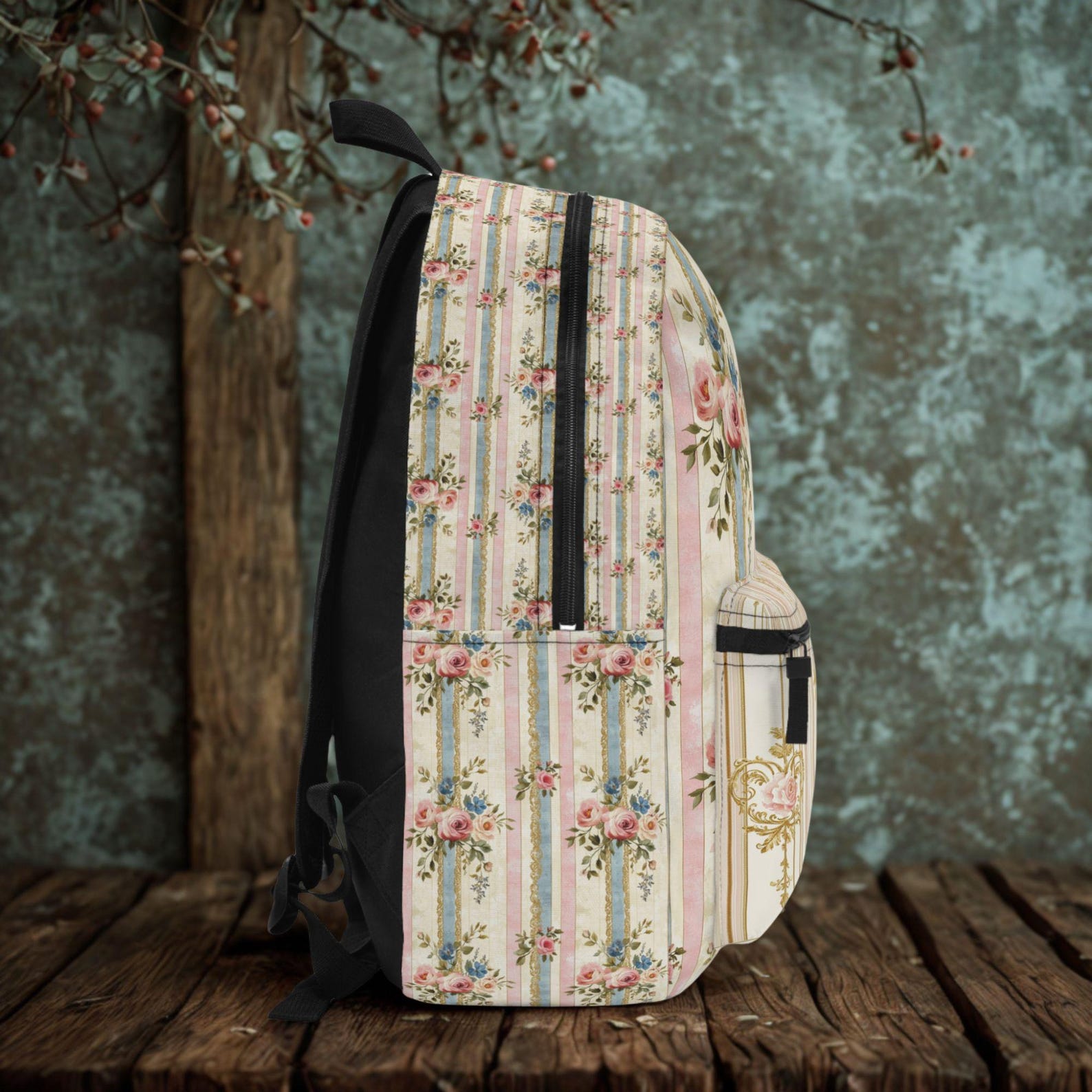Floral Backpack Cottagecore Aesthetic, Vintage Stripe School Bag, Pink ...