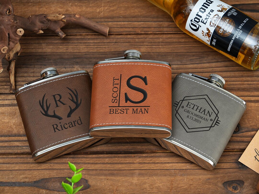 Personalized Leather Flask, Engraved Stainless Steel, Groomsmen Gift - Etsy