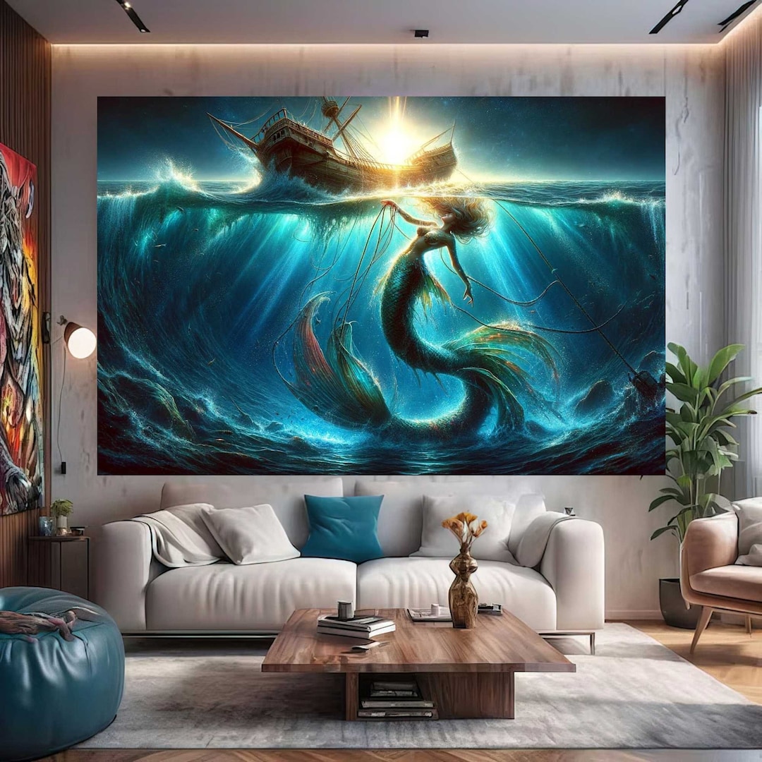 Surreal Mermaid Ship Ocean Modern Canvas Wall Art Print - Etsy
