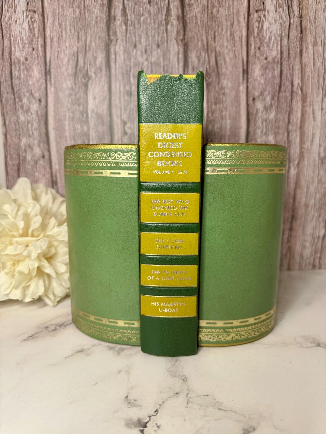 Vintage Green Gold Gilt Scroll Half Round Bookends Faux Leatherbound ...