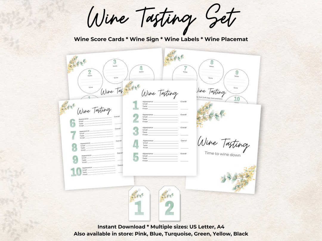 Wine Tasting Party Kit, Scorecard, Bottle Tags, Placemat, Sign, Green ...