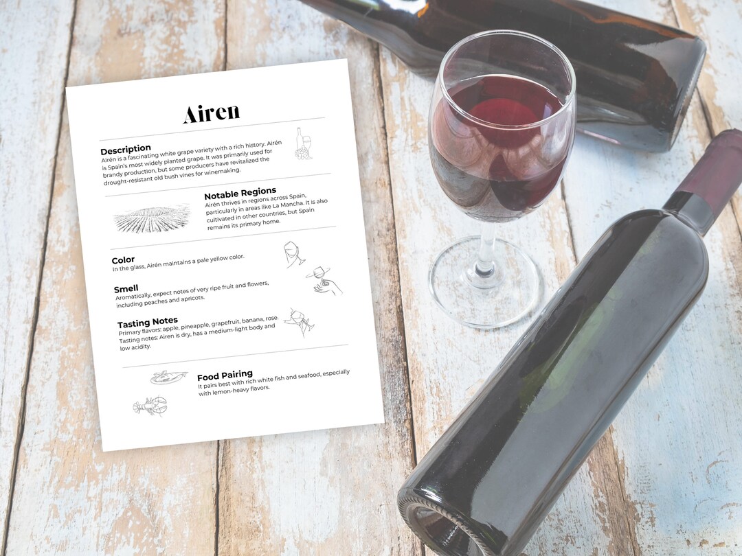 Wine Tasting Guide Airen, Grape Reference Card, Cheat Sheet, Tips, Wine ...