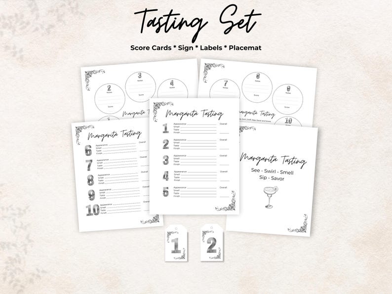 Margarita Tasting Kit, Scorecard, Bottle Tags, Placemat, Sign, Pink, 10 ...