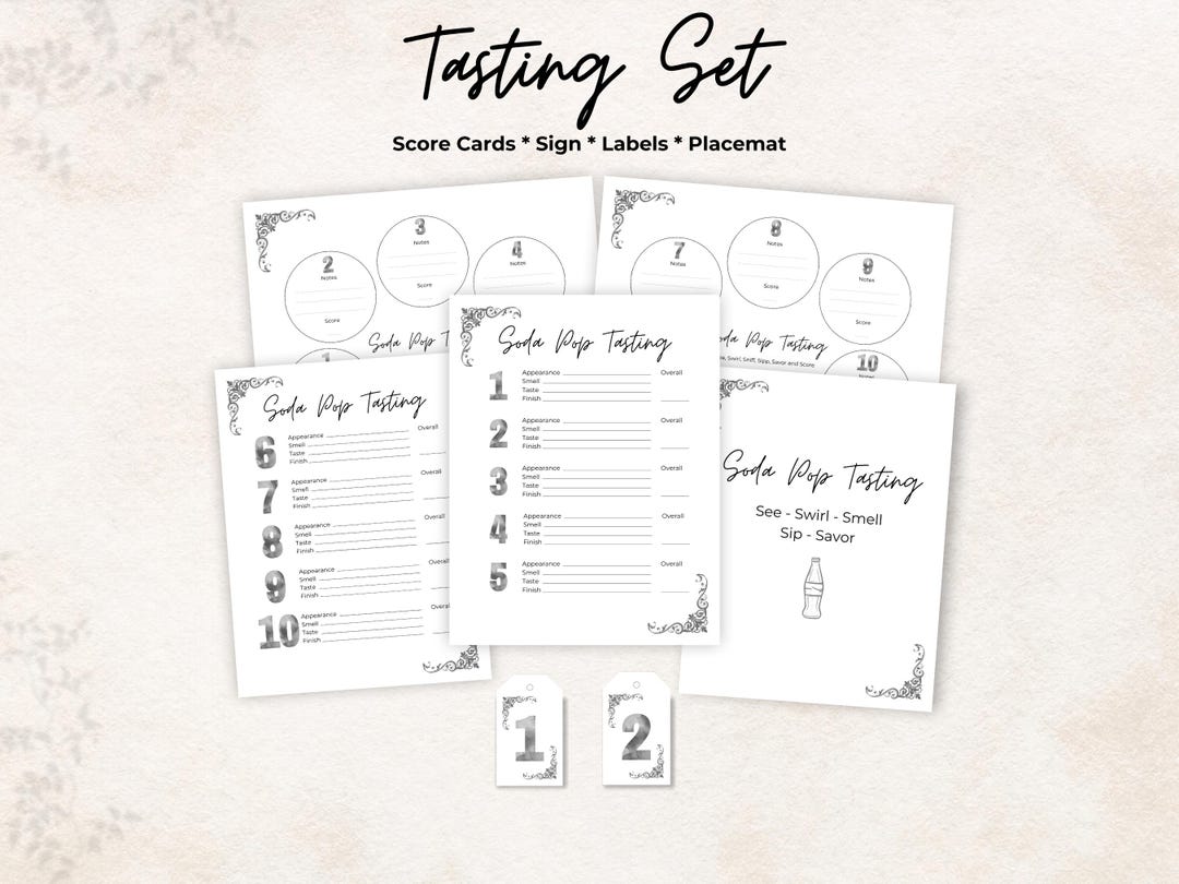 Soda Pop Tasting Party Kit, Scorecard, Bottle Tags, Placemat, Sign, 10 ...