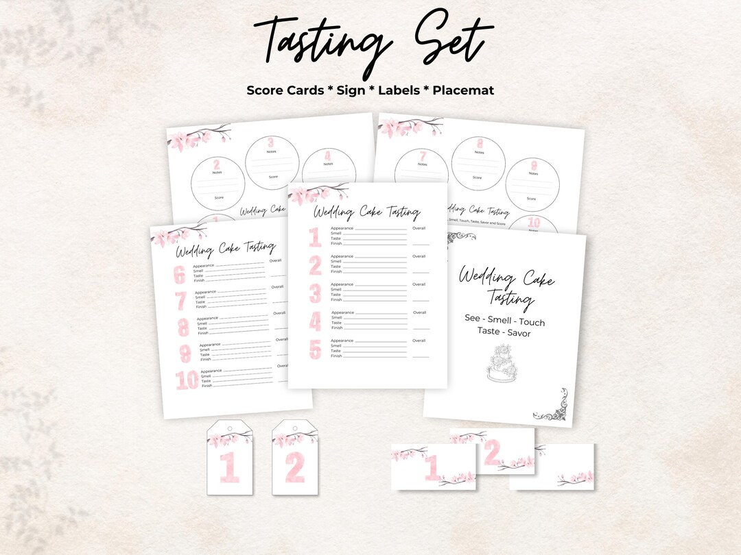 Wedding Cake Tasting Kit, Scorecard, Label Tags, Placemat, Sign, Pink ...