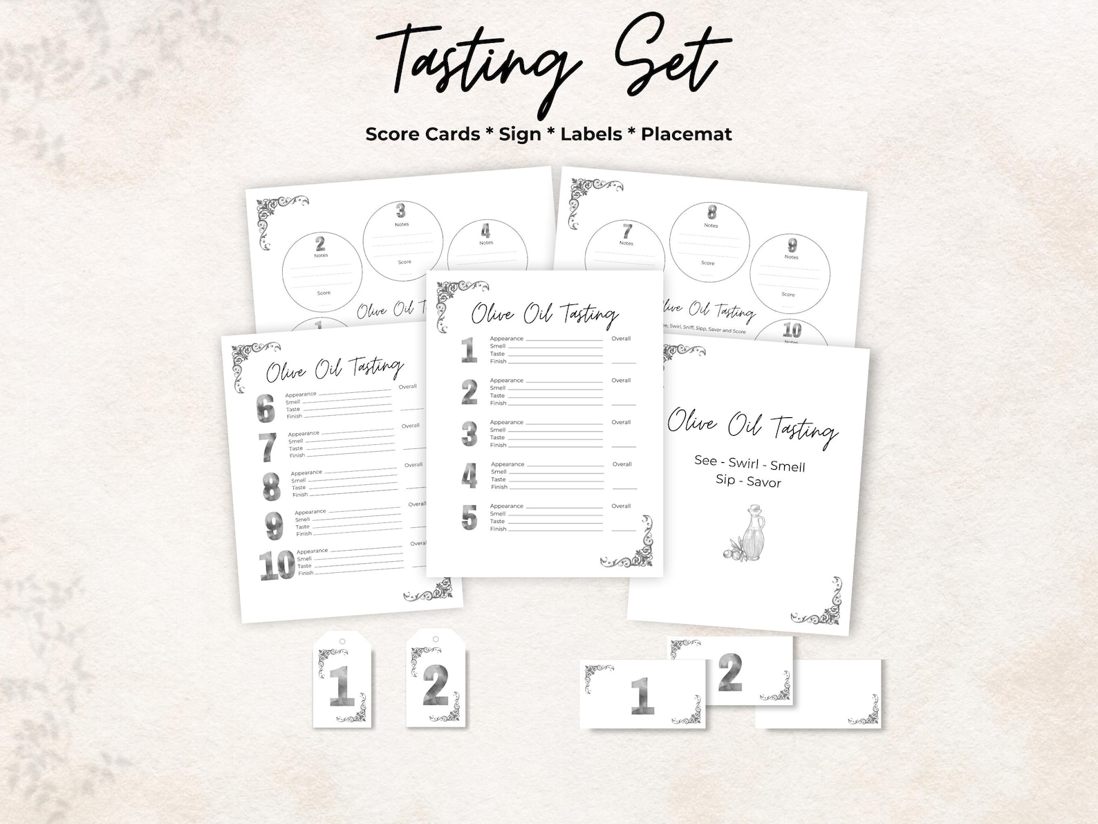 Olive Oil Tasting Party Kit, Scorecard, Bottle Tags, Placemat, Sign, 10 ...