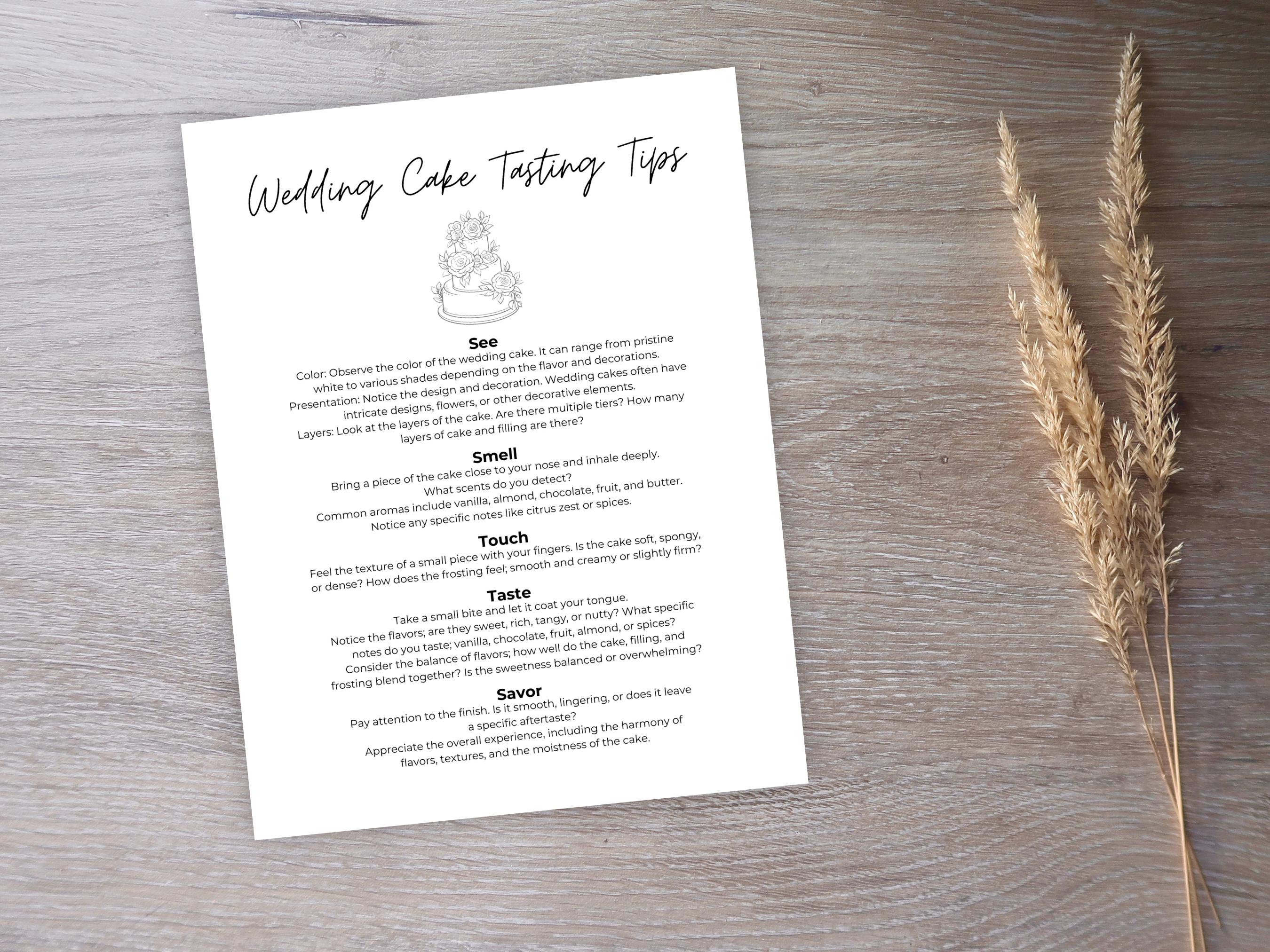 Wedding Cake Tasting Tips, Cheatsheet, Guide, Poster, Sign, Printable ...