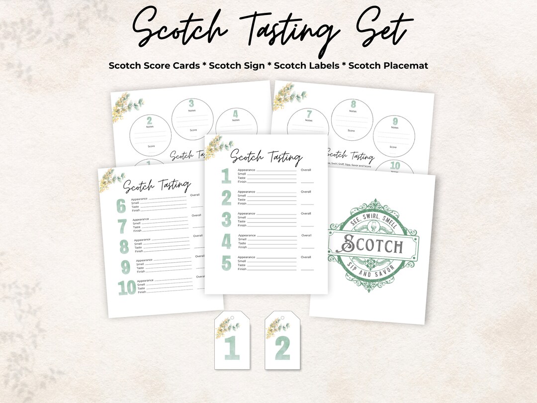 Scotch Tasting Party Kit, Scorecard, Bottle Tags, Placemat, Sign, Green ...