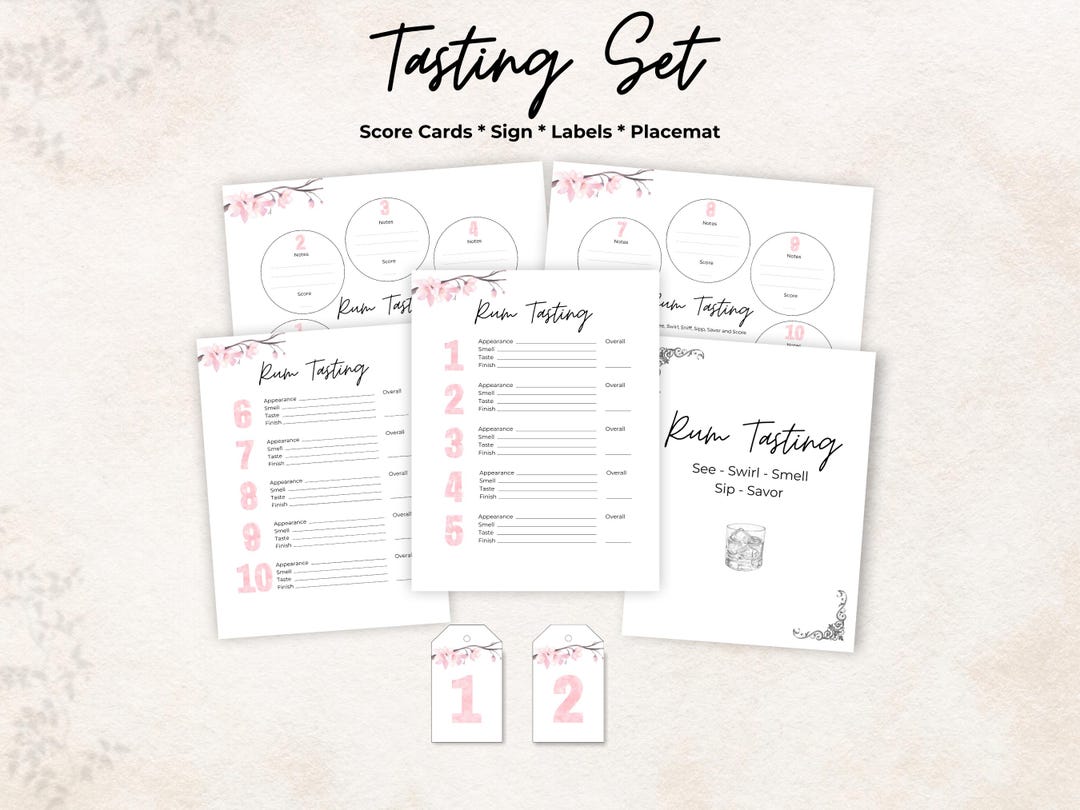 Rum Tasting Kit, Scorecard, Bottle Tags, Placemat, Sign, Pink, 10 Rum ...