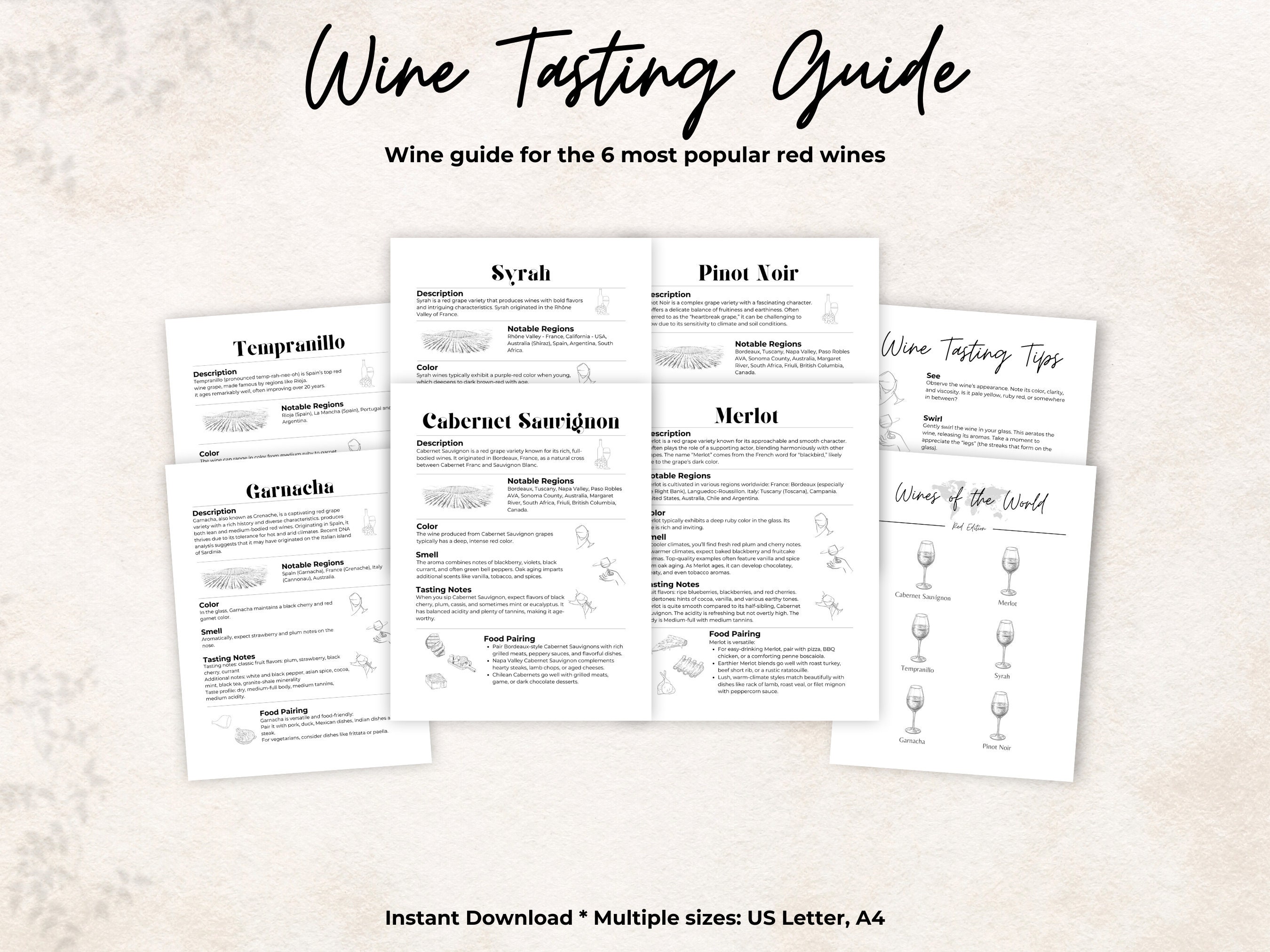Wine Tasting Guide Red Wine, Grape Reference Card, Cheat Sheet, Sign ...